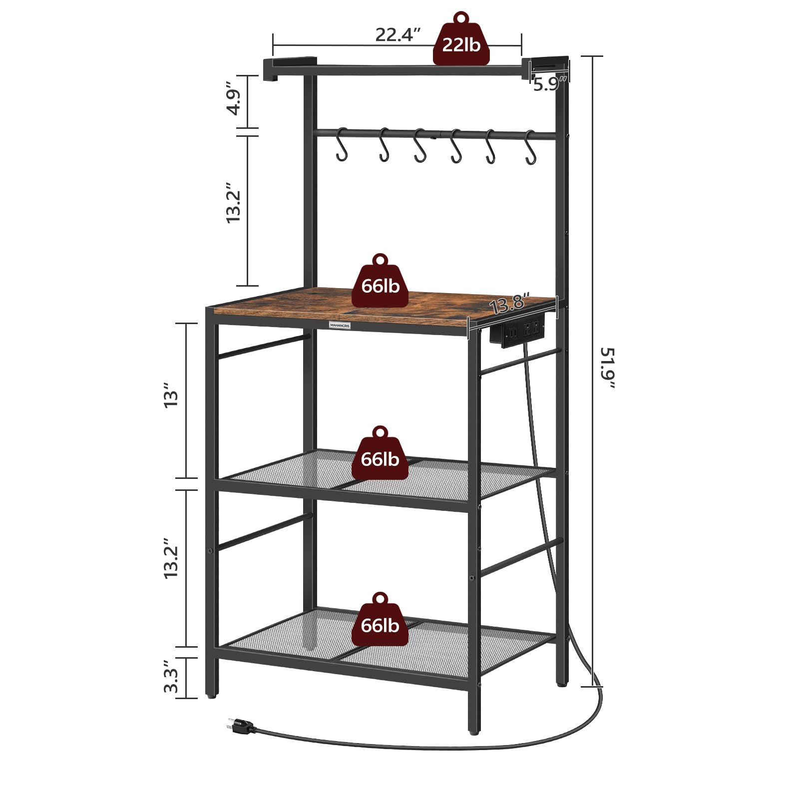 MAHANCRIS Bakers Rack with Charging Station, Microwave Stand with 6 S-Shaped Hooks, 4-Tier Storage Rack, Practical Coffee Bar, for Kitchen, Dining Room, Rustic Brown BRHR35E01