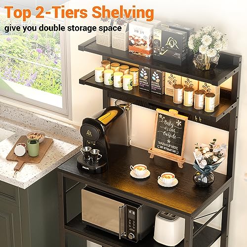 Aheaplus Bakers Rack with Power Outlet, Microwave Stand, 5 Tiers Coffee Bar Station with Led Lights, Kitchen Storage Shelf with 6 S-shaped Hooks, Kitchen Rack for Spices, Pots and Pans, Black