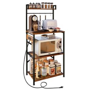 oirboeus bakers rack with power outlet，microwave stand with storage 5-tiers,coffee bar station,microwave rack，kitchen storage shelf rack,rustic brown