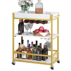 azheruol bar cart white marble 3 tiers removable storage tray with wine rack & wine glasses holder,rolling beverage cart,mobile with handle, wood & gold steels home kitchen shelf for party