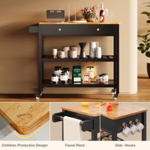 Gizoon Kitchen Island Cart with Storage, 40’’ Wooden Top, 2 Tiers Spacious Shelves and Towel Bar, 2 Drawer Mobile Trolley Cart On Metal Wheels with Hooks for Dining Room, Bar, Outdoor, Black