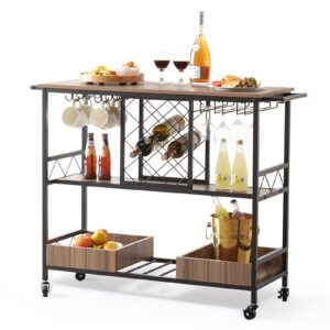 vevor bar cart, home serving cart, 3 tiers 300 lbs industrial rolling beverage station on lockable wheels, mobile alcohol drink cart with removable tray wine rack glass holder for kitchen dining room