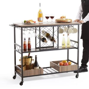 VEVOR Bar Cart, Home Serving Cart, 3 Tiers 300 LBS Industrial Rolling Beverage Station on Lockable Wheels, Mobile Alcohol Drink Cart with Removable Tray Wine Rack Glass Holder for Kitchen Dining Room