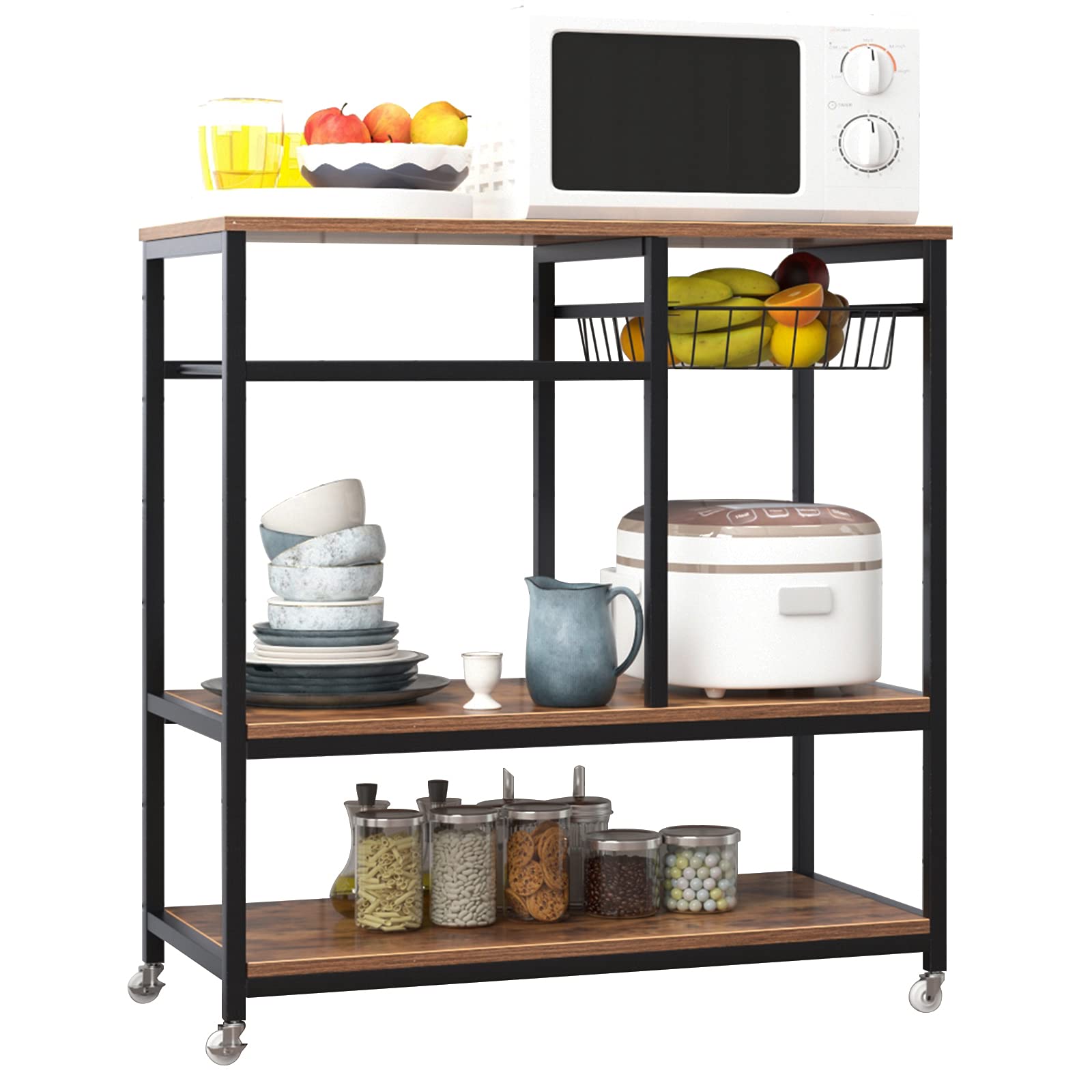 SogesPower Microwave Carts for Kitchen with Storage 3 Tier Rolling Bakers Rack Utility Kitchen Serving Cart on Wheels Outdoor Bar Cart Coffee Station, Dark Brown