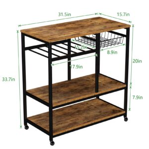 SogesPower Microwave Carts for Kitchen with Storage 3 Tier Rolling Bakers Rack Utility Kitchen Serving Cart on Wheels Outdoor Bar Cart Coffee Station, Dark Brown