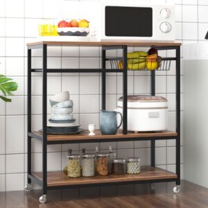 SogesPower Microwave Carts for Kitchen with Storage 3 Tier Rolling Bakers Rack Utility Kitchen Serving Cart on Wheels Outdoor Bar Cart Coffee Station, Dark Brown