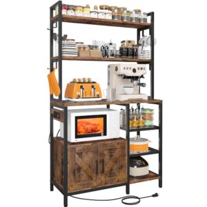 enhomee bakers racks for kitchens with power outlet, 6-tier microwave stand with storage cabinet, farmhouse kitchen coffee bar with side hooks, utility shelf for kitchens