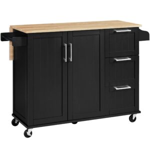 yaheetech kitchen island cart with drop-leaf countertop, rolling kitchen island breakfast bar table on wheels with storage cabinet & 3 drawers & spice rack for dinning room, 53 inch width, black