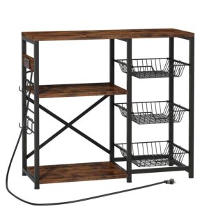 homeiju kitchen island, baker's rack with power outlet, microwave stand, coffee bar with 3 removable wire baskets, kitchen storage rack with 6 s-hooks for spices, pots and pans - rustic brown