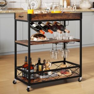 yitahome industrial bar carts for the home, mobile serving cart on wheels with removable wood top container, 3-tier kitchen cart with wine rack glasses holder, rustic brown