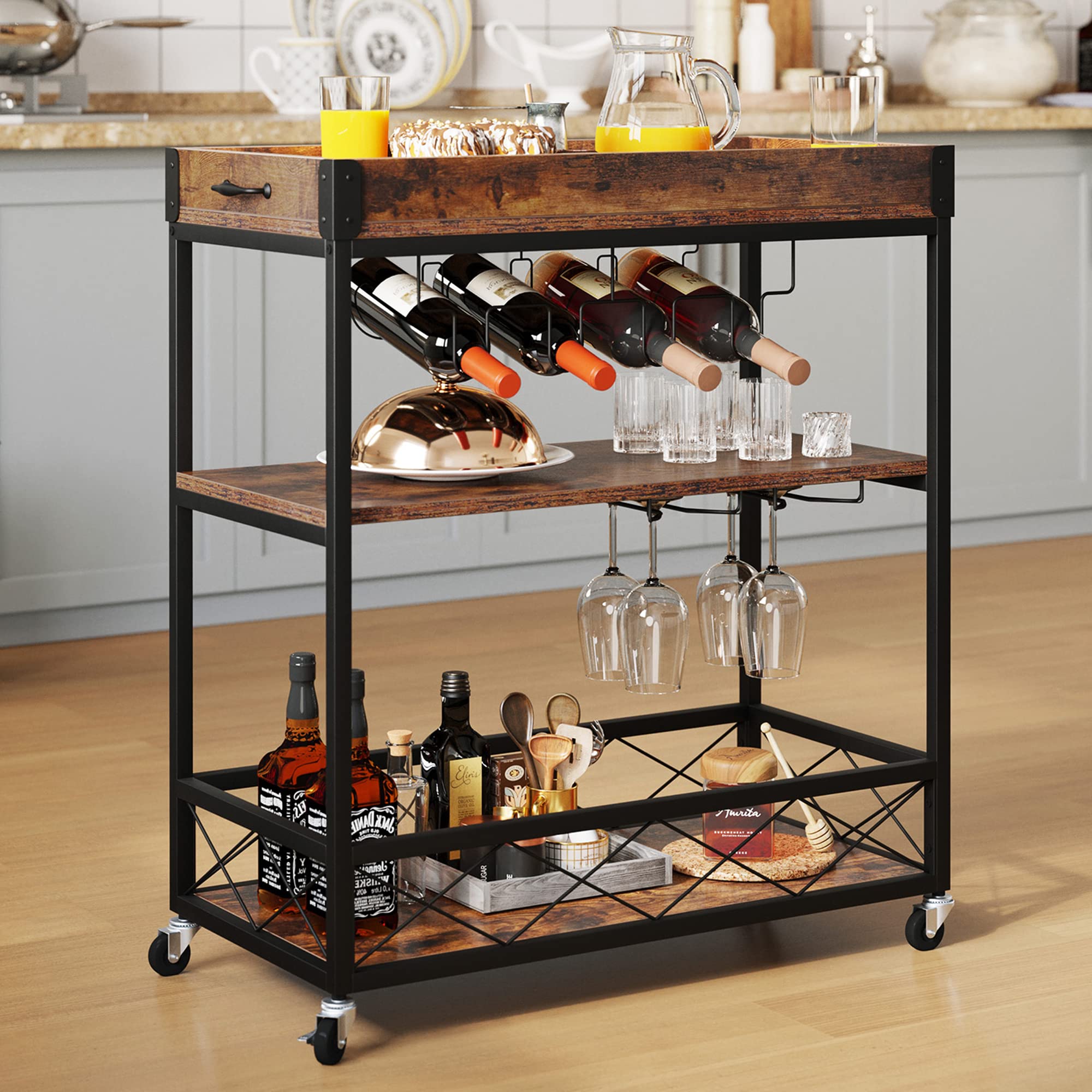 YITAHOME Industrial Bar Carts for The Home, Mobile Serving Cart on Wheels with Removable Wood Top Container, 3-Tier Kitchen Cart with Wine Rack Glasses Holder, Rustic Brown