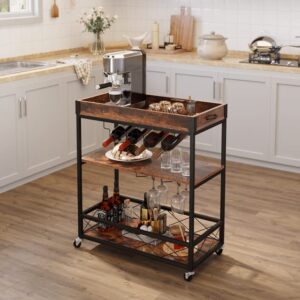 YITAHOME Industrial Bar Carts for The Home, Mobile Serving Cart on Wheels with Removable Wood Top Container, 3-Tier Kitchen Cart with Wine Rack Glasses Holder, Rustic Brown