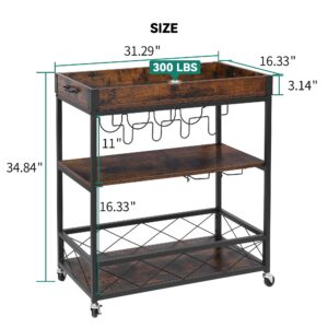 YITAHOME Industrial Bar Carts for The Home, Mobile Serving Cart on Wheels with Removable Wood Top Container, 3-Tier Kitchen Cart with Wine Rack Glasses Holder, Rustic Brown