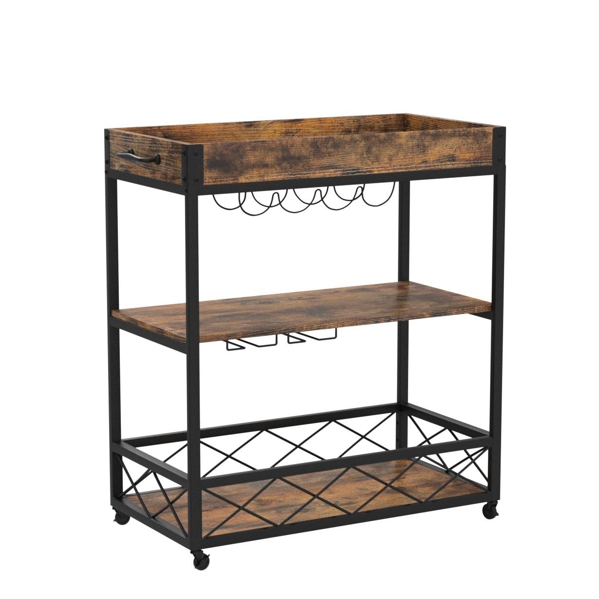 YITAHOME Industrial Bar Carts for The Home, Mobile Serving Cart on Wheels with Removable Wood Top Container, 3-Tier Kitchen Cart with Wine Rack Glasses Holder, Rustic Brown