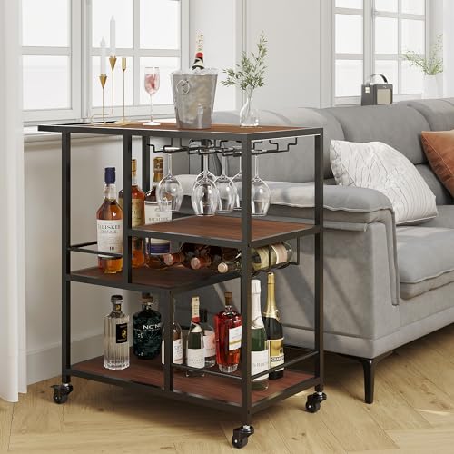 ODIKA Top Shelf Bar Cart with Wine Rack and Glass Holder - Bar Cart with Wheels, Kitchen Cart, Mobile Serving Carts, Alcohol Cabinet Table Stand