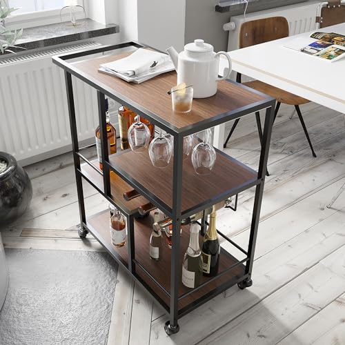 ODIKA Top Shelf Bar Cart with Wine Rack and Glass Holder - Bar Cart with Wheels, Kitchen Cart, Mobile Serving Carts, Alcohol Cabinet Table Stand