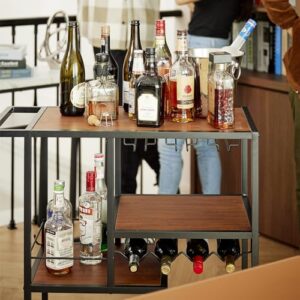 ODIKA Top Shelf Bar Cart with Wine Rack and Glass Holder - Bar Cart with Wheels, Kitchen Cart, Mobile Serving Carts, Alcohol Cabinet Table Stand