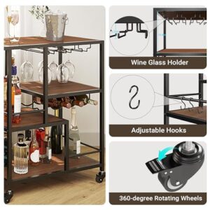 ODIKA Top Shelf Bar Cart with Wine Rack and Glass Holder - Bar Cart with Wheels, Kitchen Cart, Mobile Serving Carts, Alcohol Cabinet Table Stand