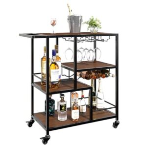 ODIKA Top Shelf Bar Cart with Wine Rack and Glass Holder - Bar Cart with Wheels, Kitchen Cart, Mobile Serving Carts, Alcohol Cabinet Table Stand