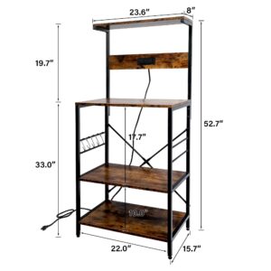 TC-HOMENY Bakers Rack with Power Outlet, 3 Tiers Kitchen Storage Shelf with 5 S-Shaped Hooks, Kitchen Microwave Stand, Coffee Station Utility Storage Shelf for Kitchen