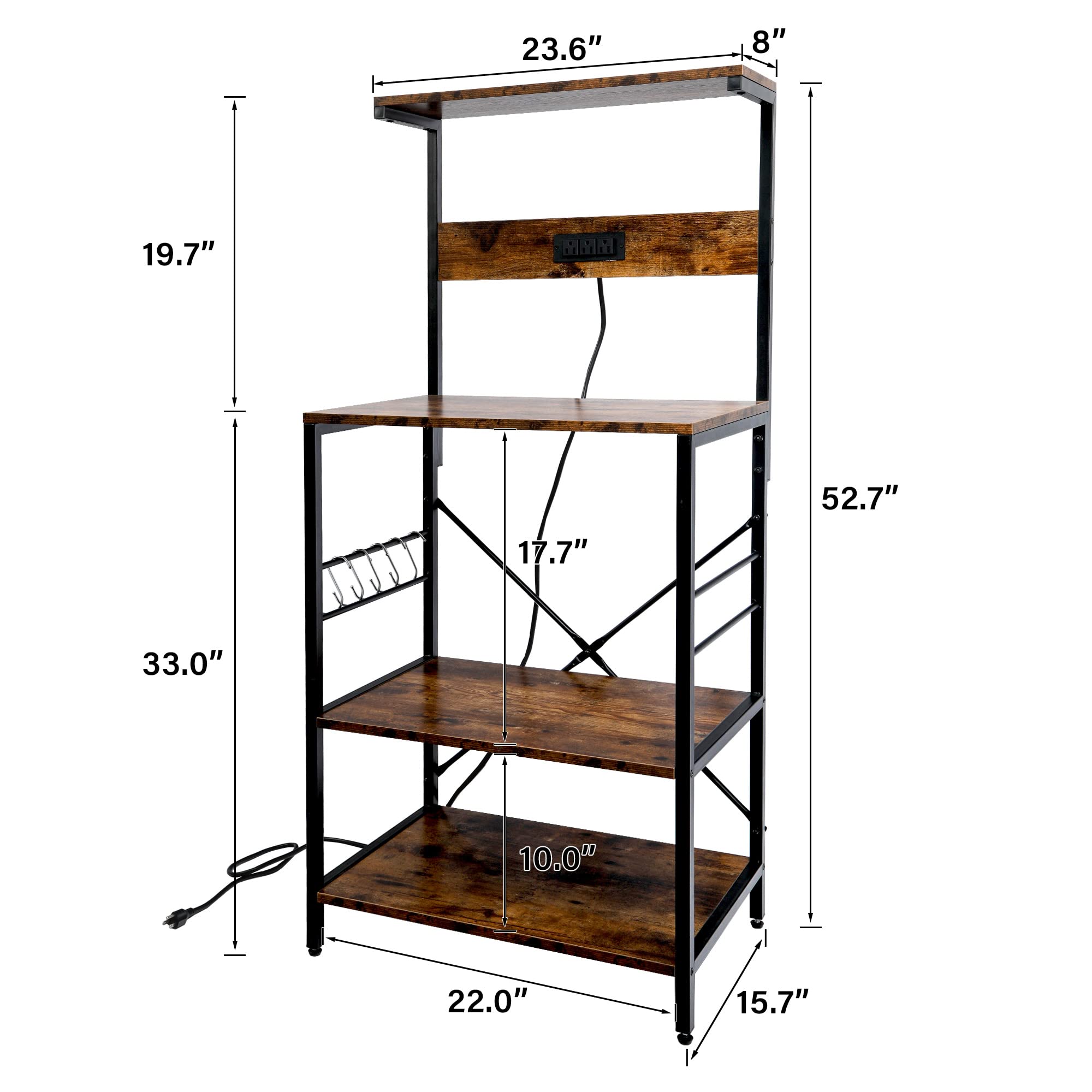 TC-HOMENY Bakers Rack with Power Outlet, 3 Tiers Kitchen Storage Shelf with 5 S-Shaped Hooks, Kitchen Microwave Stand, Coffee Station Utility Storage Shelf for Kitchen