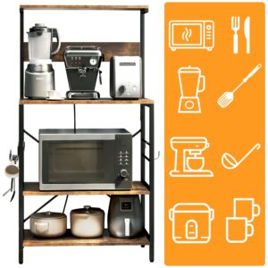 TC-HOMENY Bakers Rack with Power Outlet, 3 Tiers Kitchen Storage Shelf with 5 S-Shaped Hooks, Kitchen Microwave Stand, Coffee Station Utility Storage Shelf for Kitchen