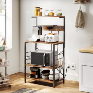 TC-HOMENY Bakers Rack with Power Outlet, 3 Tiers Kitchen Storage Shelf with 5 S-Shaped Hooks, Kitchen Microwave Stand, Coffee Station Utility Storage Shelf for Kitchen