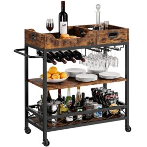 idealhouse 3 tier bar carts for the home, rustic brown bar cart with wheels, two portable trays, wine rack, glasses holder, industrial serving cart for kichen, living room, dining room