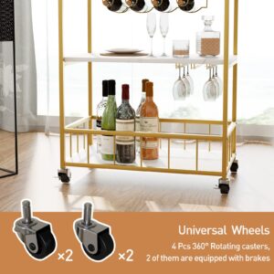 Fleecy day Bar Cart Gold,Bar Carts for The Home Mobile Bar Serving Cart, Drink Cart, Rolling Beverage Cart, Microwave Cart with Wine Rack and Glass Holder with Wheels and Metal Serving Trolley 34in