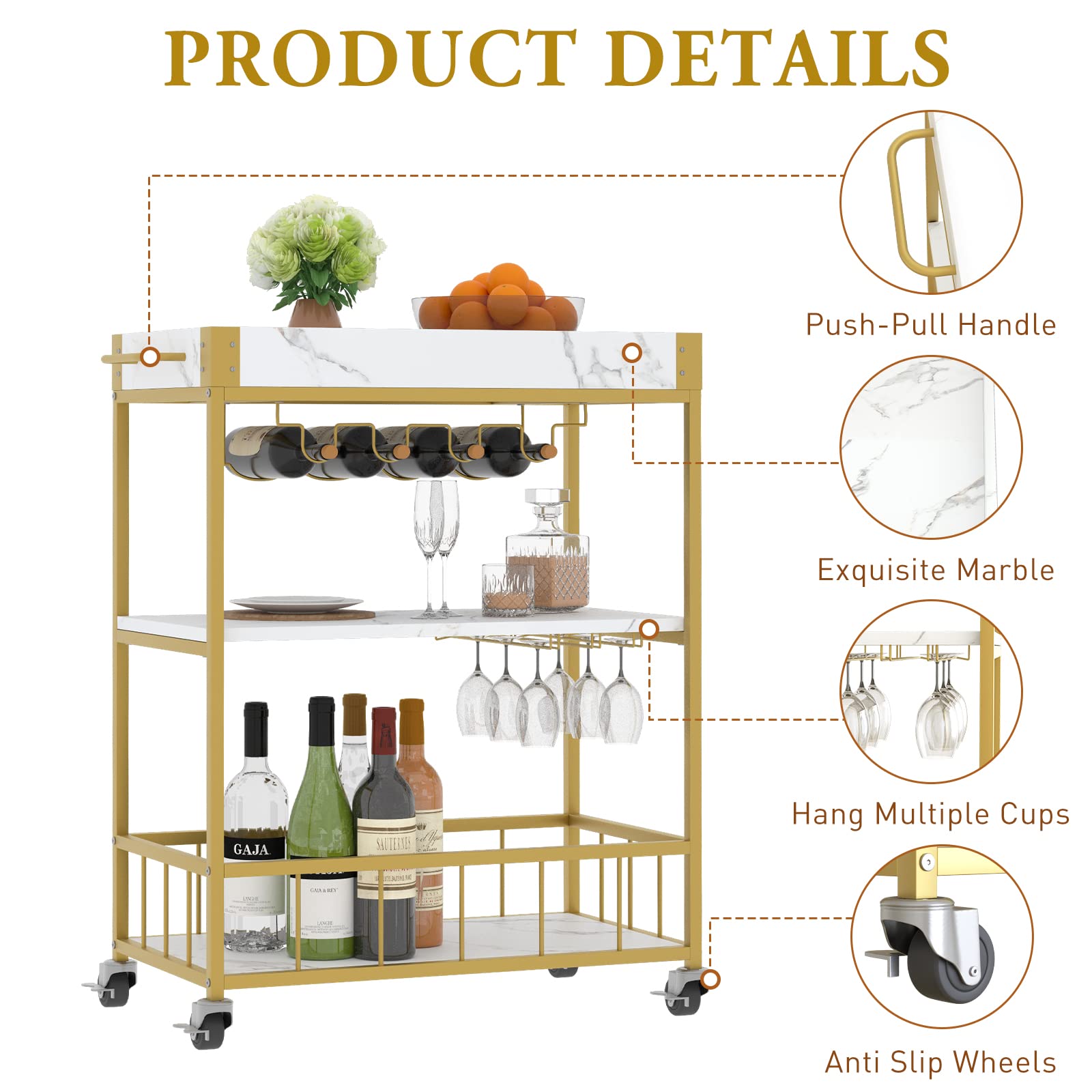 Fleecy day Bar Cart Gold,Bar Carts for The Home Mobile Bar Serving Cart, Drink Cart, Rolling Beverage Cart, Microwave Cart with Wine Rack and Glass Holder with Wheels and Metal Serving Trolley 34in