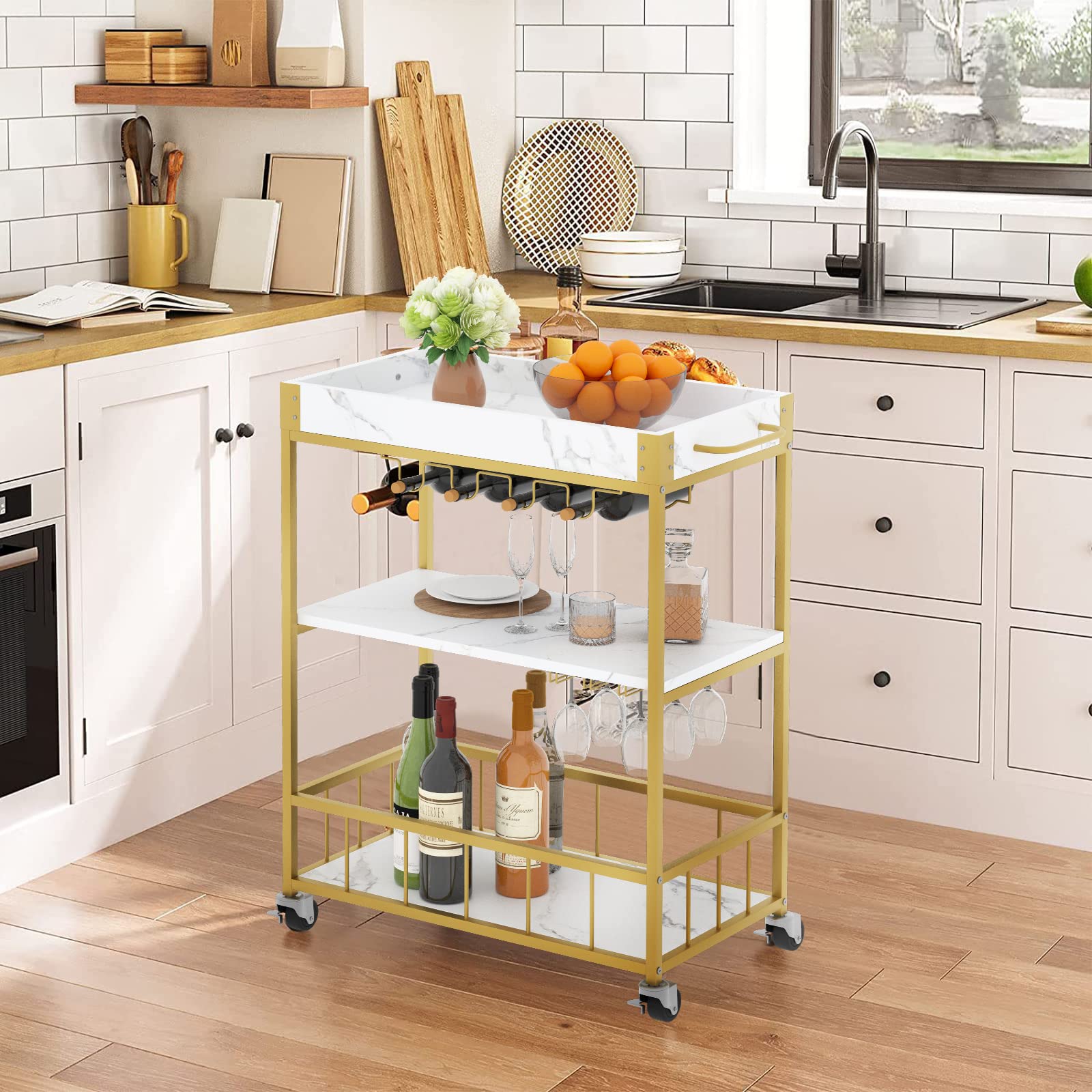 Fleecy day Bar Cart Gold,Bar Carts for The Home Mobile Bar Serving Cart, Drink Cart, Rolling Beverage Cart, Microwave Cart with Wine Rack and Glass Holder with Wheels and Metal Serving Trolley 34in