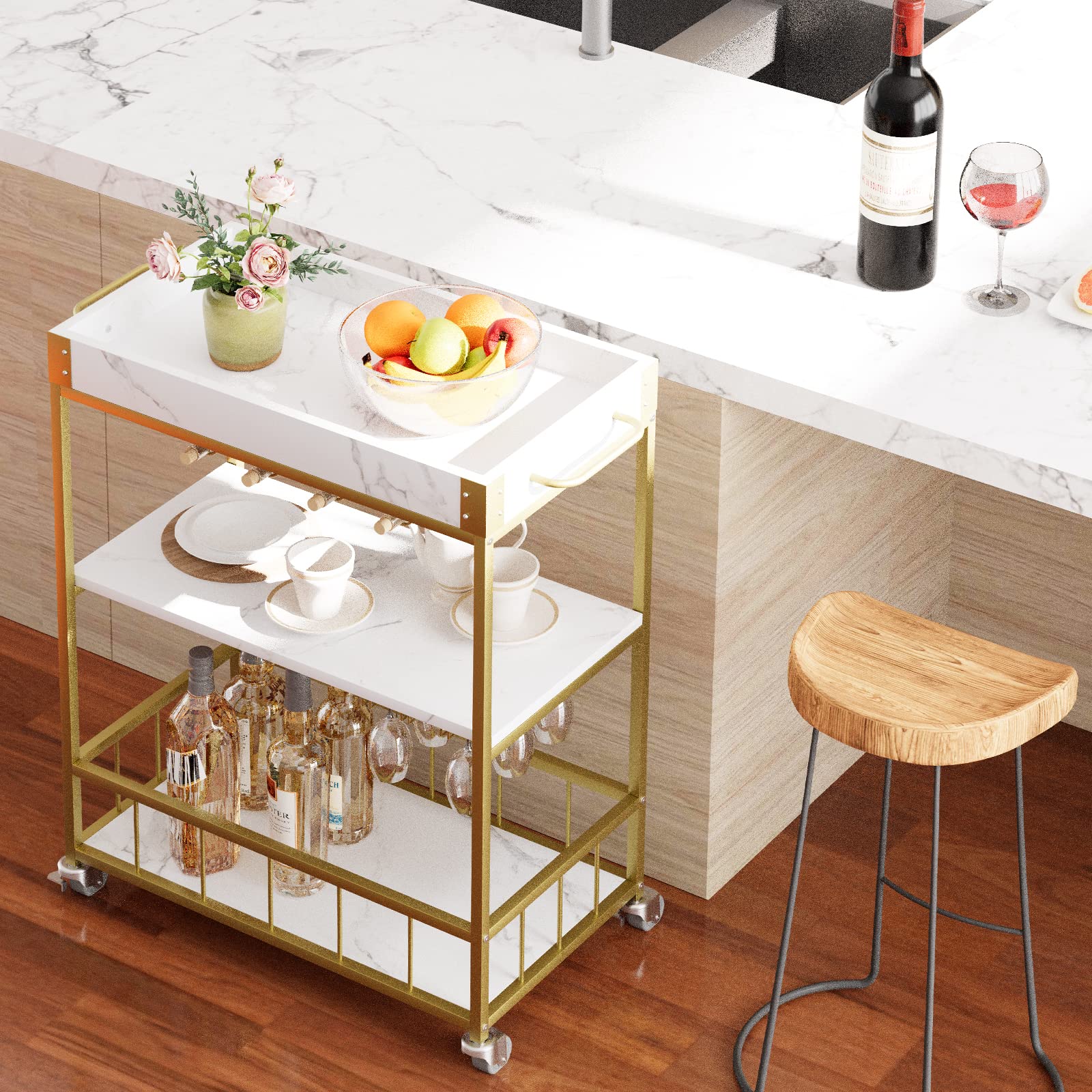 Fleecy day Bar Cart Gold,Bar Carts for The Home Mobile Bar Serving Cart, Drink Cart, Rolling Beverage Cart, Microwave Cart with Wine Rack and Glass Holder with Wheels and Metal Serving Trolley 34in