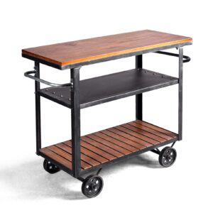 bokkolik vintage rolling bar cart on wheels industrial mobile serving cart metal and wood design for kitchen bar office coffee house 36.2" lx15.75 wx30.5 h 3 tier with 2 side handle