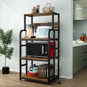 kitchen bakers rack with power outlet ,microwave stand ,coffee bar table 4 tiers,kitchen racks and shelves, adjustable coffee bar,kitchen storage shelf rack for spices, pots and pans-rustic brown