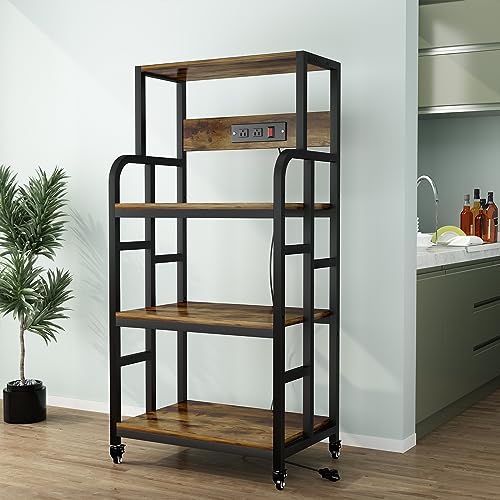 Kitchen Bakers Rack with Power Outlet ,Microwave Stand ,Coffee Bar Table 4 Tiers,Kitchen Racks And Shelves, Adjustable Coffee Bar,Kitchen Storage Shelf Rack for Spices, Pots and Pans-Rustic Brown