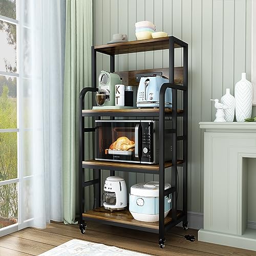 Kitchen Bakers Rack with Power Outlet ,Microwave Stand ,Coffee Bar Table 4 Tiers,Kitchen Racks And Shelves, Adjustable Coffee Bar,Kitchen Storage Shelf Rack for Spices, Pots and Pans-Rustic Brown