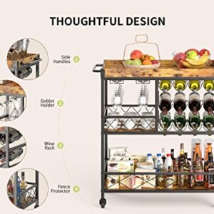 Gizoon 3 Tier 38" Home Bar Serving Cart with Large Storage Space, Mobile Kitchen Storage Trolley with Lockable Wheels, 12 Wine Rack, Glass Holder, Removable Tray (Retro)