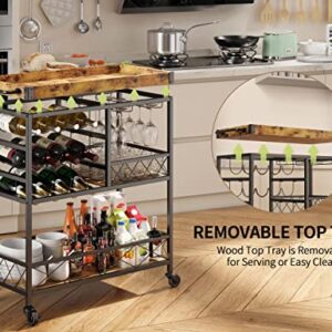 Gizoon 3 Tier 38" Home Bar Serving Cart with Large Storage Space, Mobile Kitchen Storage Trolley with Lockable Wheels, 12 Wine Rack, Glass Holder, Removable Tray (Retro)