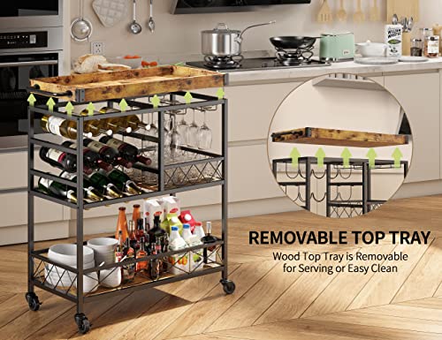 Gizoon 3 Tier 38" Home Bar Serving Cart with Large Storage Space, Mobile Kitchen Storage Trolley with Lockable Wheels, 12 Wine Rack, Glass Holder, Removable Tray (Retro)