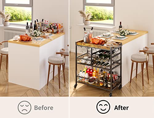 Gizoon 3 Tier 38" Home Bar Serving Cart with Large Storage Space, Mobile Kitchen Storage Trolley with Lockable Wheels, 12 Wine Rack, Glass Holder, Removable Tray (Retro)