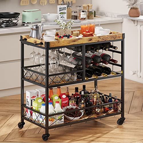 Gizoon 3 Tier 38" Home Bar Serving Cart with Large Storage Space, Mobile Kitchen Storage Trolley with Lockable Wheels, 12 Wine Rack, Glass Holder, Removable Tray (Retro)