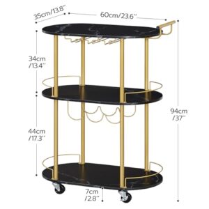 HOOBRO Bar Cart Gold, 3-Tier Home Bar Serving Cart with Lockable Wheels, Rolling Kitchen Cart with Wine Rack and Glass Holders, Mini Bar with Arc Fence for Party Marble Black and Gold DB60TC01