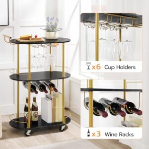 HOOBRO Bar Cart Gold, 3-Tier Home Bar Serving Cart with Lockable Wheels, Rolling Kitchen Cart with Wine Rack and Glass Holders, Mini Bar with Arc Fence for Party Marble Black and Gold DB60TC01