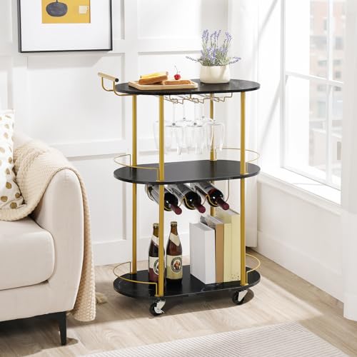 HOOBRO Bar Cart Gold, 3-Tier Home Bar Serving Cart with Lockable Wheels, Rolling Kitchen Cart with Wine Rack and Glass Holders, Mini Bar with Arc Fence for Party Marble Black and Gold DB60TC01