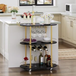 HOOBRO Bar Cart Gold, 3-Tier Home Bar Serving Cart with Lockable Wheels, Rolling Kitchen Cart with Wine Rack and Glass Holders, Mini Bar with Arc Fence for Party Marble Black and Gold DB60TC01