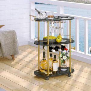 HOOBRO Bar Cart Gold, 3-Tier Home Bar Serving Cart with Lockable Wheels, Rolling Kitchen Cart with Wine Rack and Glass Holders, Mini Bar with Arc Fence for Party Marble Black and Gold DB60TC01