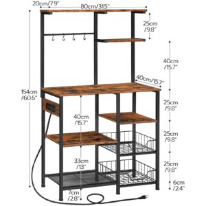 HOOBRO Large Bakers Rack with Power Outlets, 6-Tier Microwave Stand with 4 Hooks, Coffee Bar, Kitchen Shelf with Wire Basket, for Kitchen, Living Room, Office, Rustic Brown and Black BF64UHB01