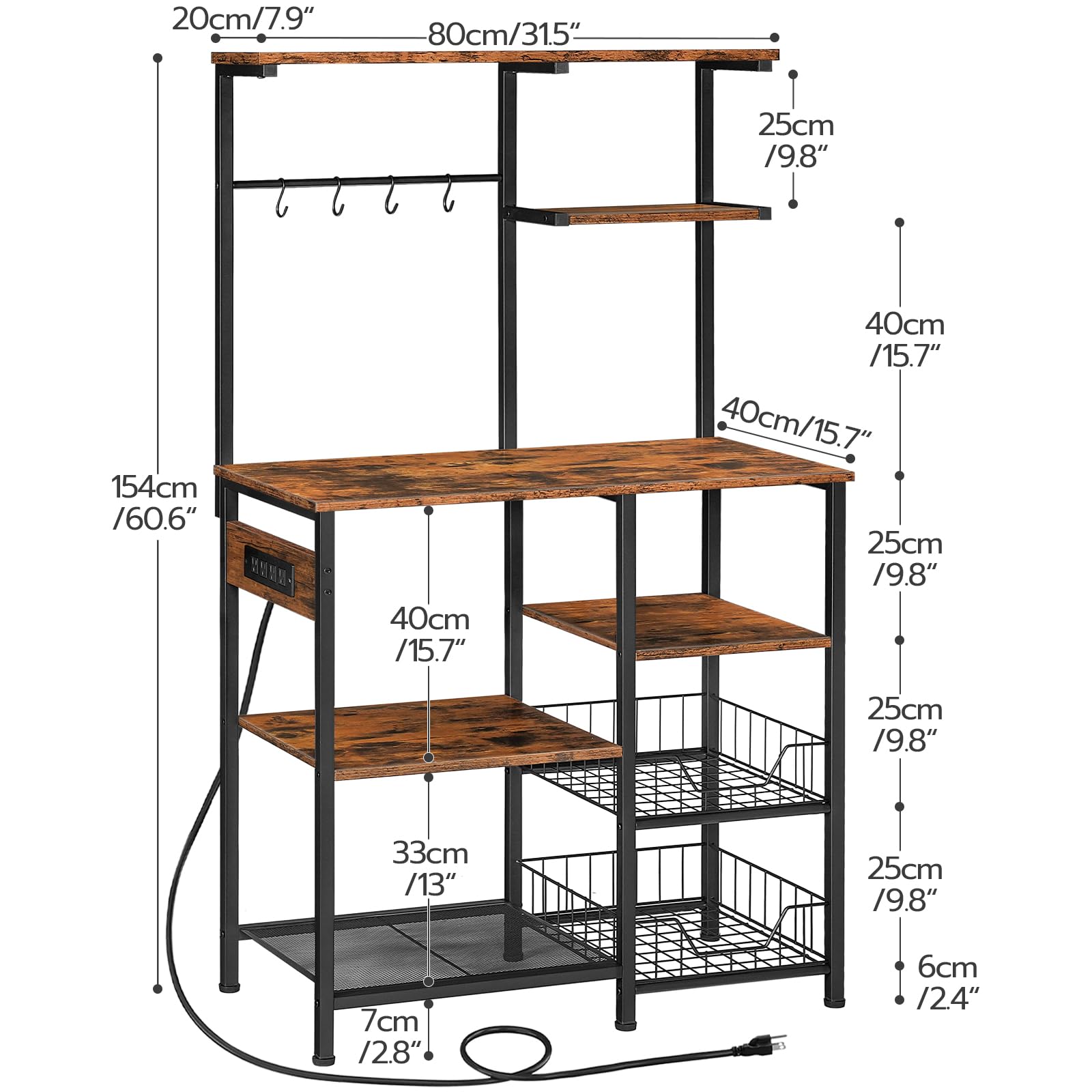 HOOBRO Large Bakers Rack with Power Outlets, 6-Tier Microwave Stand with 4 Hooks, Coffee Bar, Kitchen Shelf with Wire Basket, for Kitchen, Living Room, Office, Rustic Brown and Black BF64UHB01