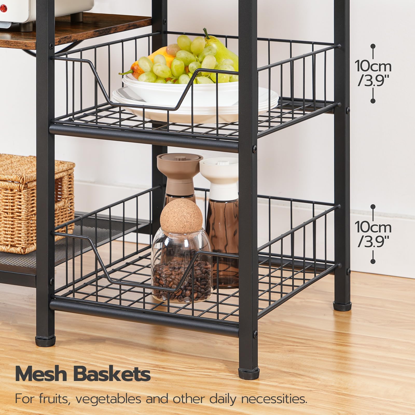 HOOBRO Large Bakers Rack with Power Outlets, 6-Tier Microwave Stand with 4 Hooks, Coffee Bar, Kitchen Shelf with Wire Basket, for Kitchen, Living Room, Office, Rustic Brown and Black BF64UHB01