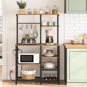 HOOBRO Large Bakers Rack with Power Outlets, 6-Tier Microwave Stand with 4 Hooks, Coffee Bar, Kitchen Shelf with Wire Basket, for Kitchen, Living Room, Office, Rustic Brown and Black BF64UHB01